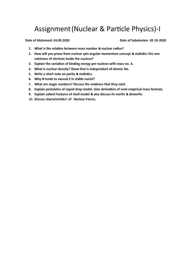 Assignment (Nuclear & Particle Physics) - I: 10. Discuss ...