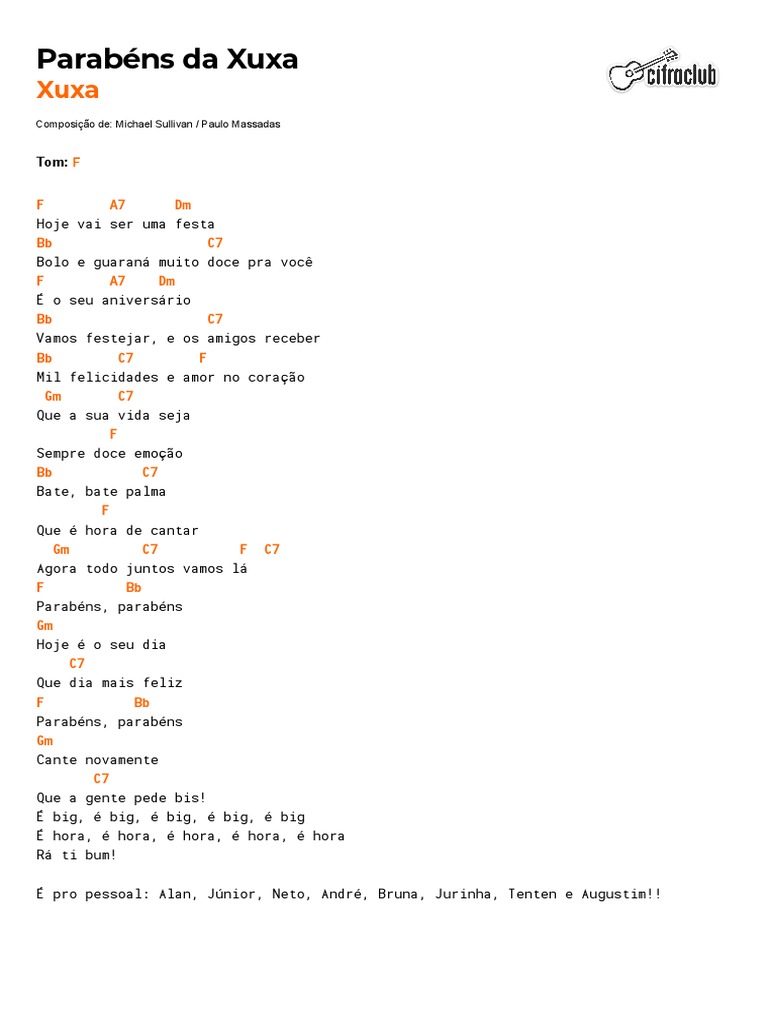 Letra da Música "Parabéns da Xuxa" | PDF