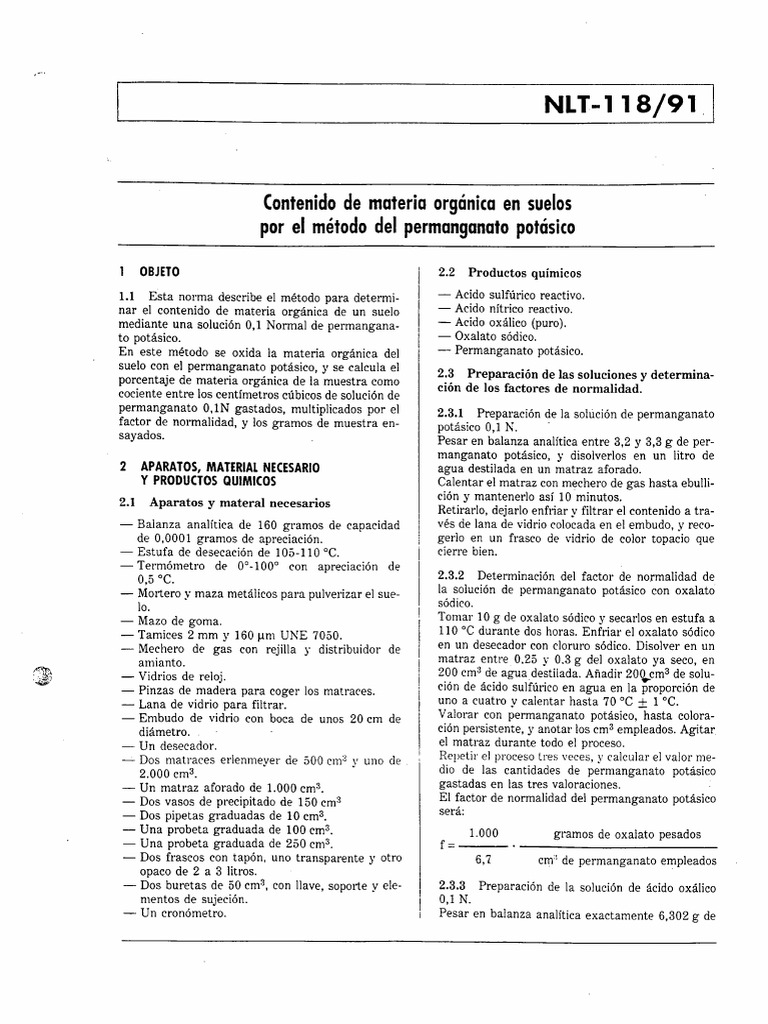 NLT-118-91 Materia Organica en Suelos X Permanganato Potasico | PDF