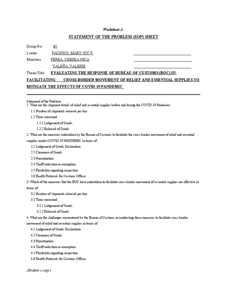 Statement of The Problem (Sop) Sheet | PDF | Commercial Policy | Customs