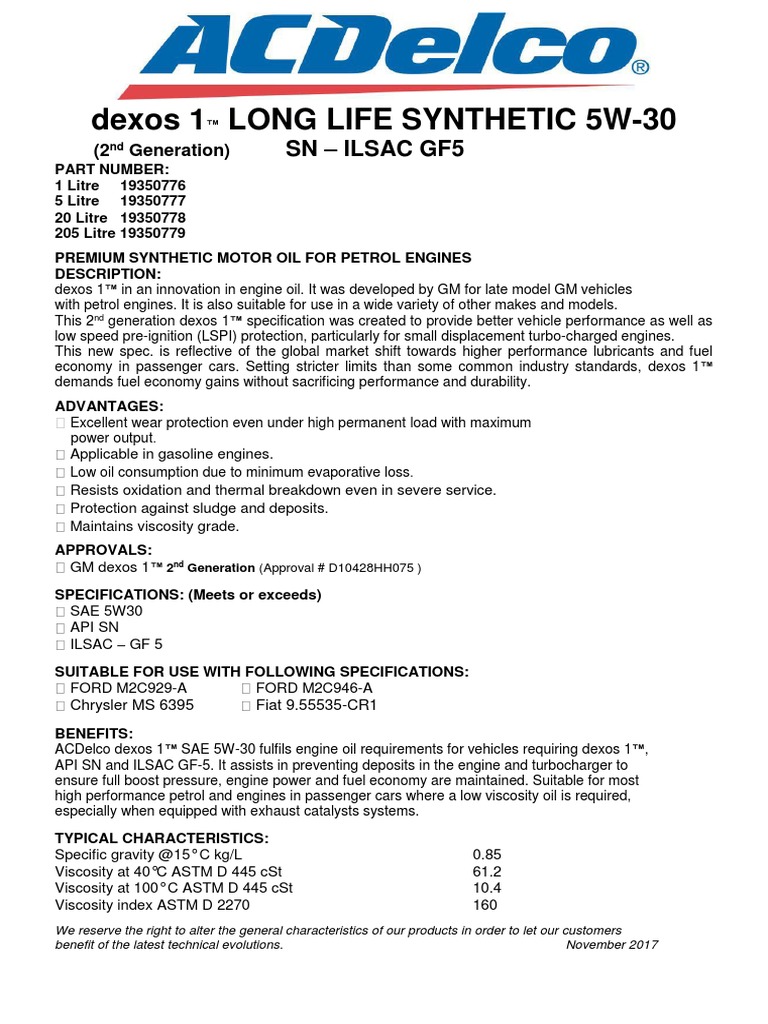 Acdelco Specs Oils 5w30 Dexos1 Gen2 | PDF