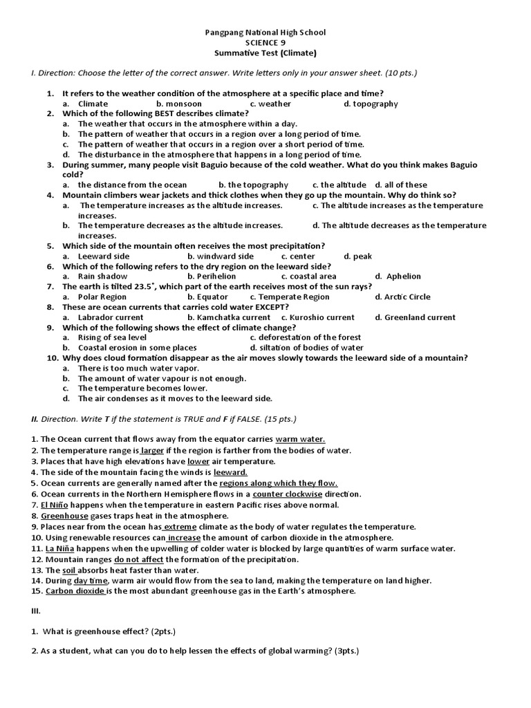 Summative Test-Climate Grade 9 | PDF | Greenhouse Effect | Atmosphere ...