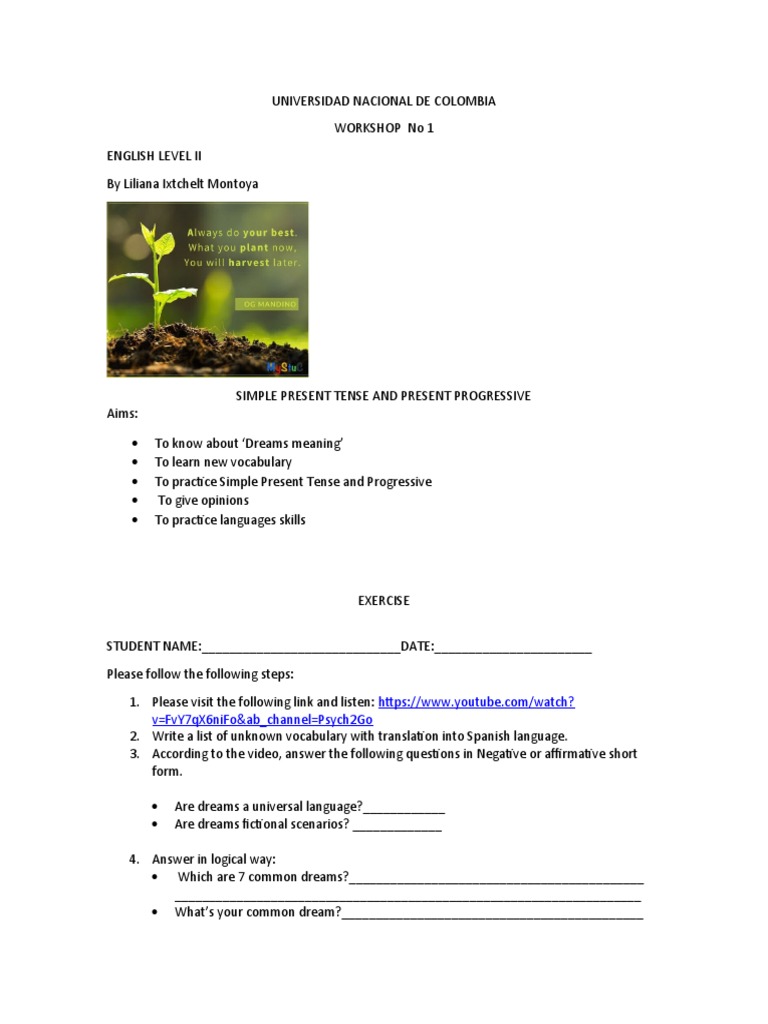 Workshop No 1 Simple Present Tense-Present Progressive G2 | PDF | Human ...