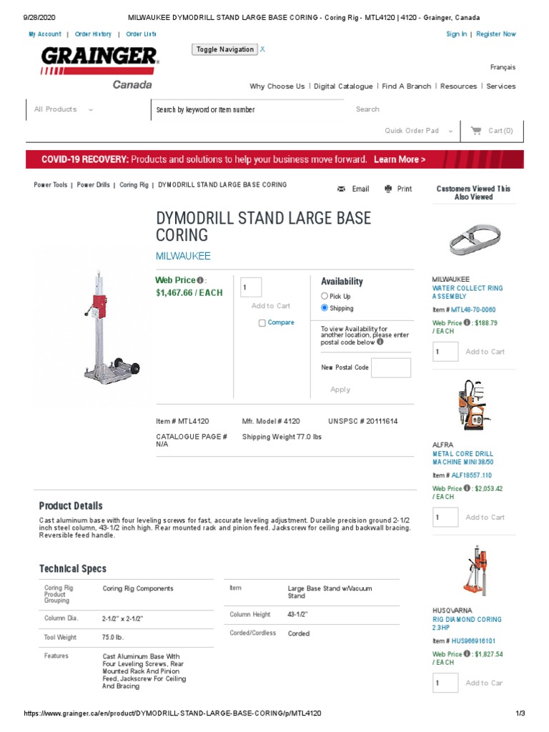 MILWAUKEE DYMODRILL STAND LARGE BASE CORING - Coring Rig - MTL4120 ...