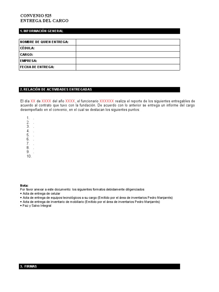 Formato Acta Entrega de Cargo-Convenio 525 | PDF