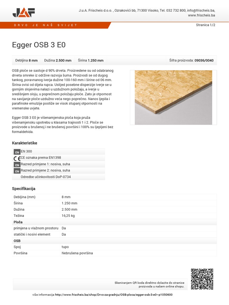 Egger OSB 3 E0: Karakteristike | PDF