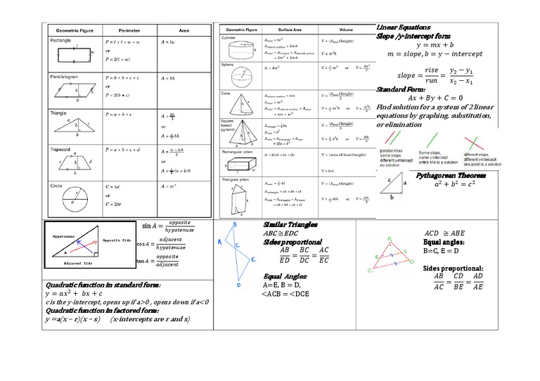 Formula Sheet | PDF | Quadratic Equation | Equations