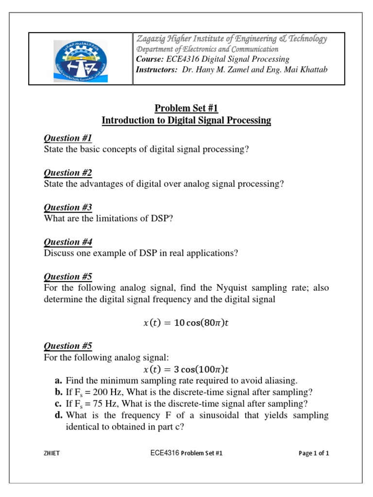 Problem Set #1 Introduction To Digital Signal Processing: Question #1 | PDF