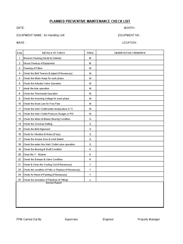 Ahu Planned Preventive Maintenance Checklist Pdf