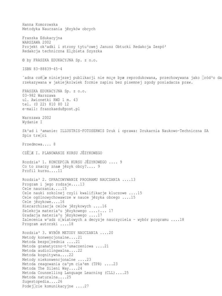 Metodyka Nauczania jÄ™zykÃ W Obcych - Hanna Komorowska | PDF