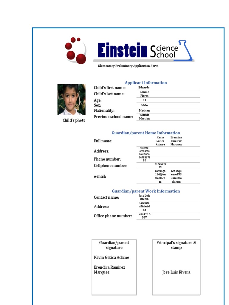 Elementary Application Form for Eduardo | PDF