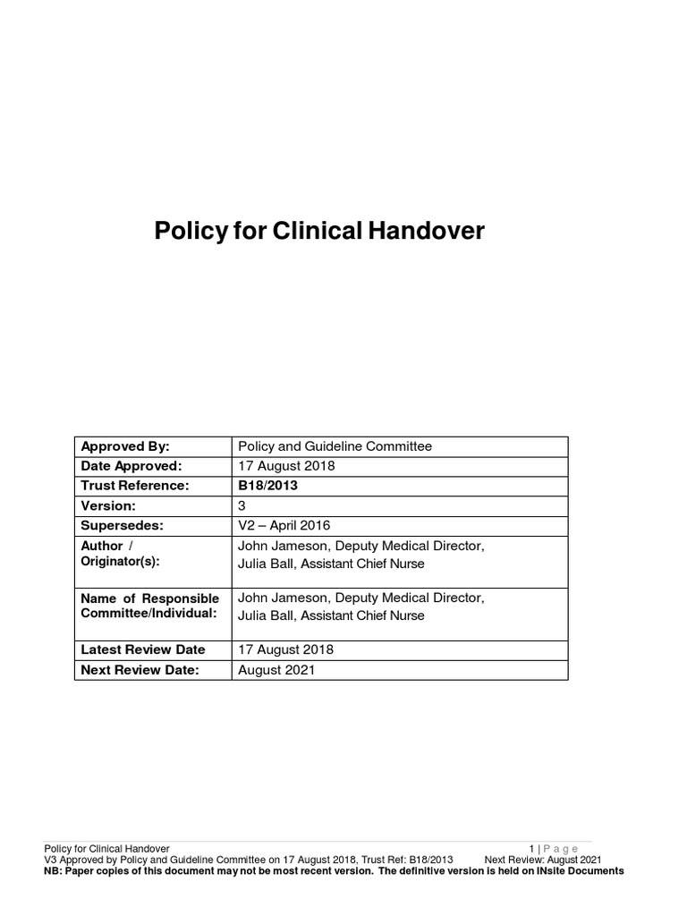 Clinical Handover Policy Overview | PDF | Hospital | Patient