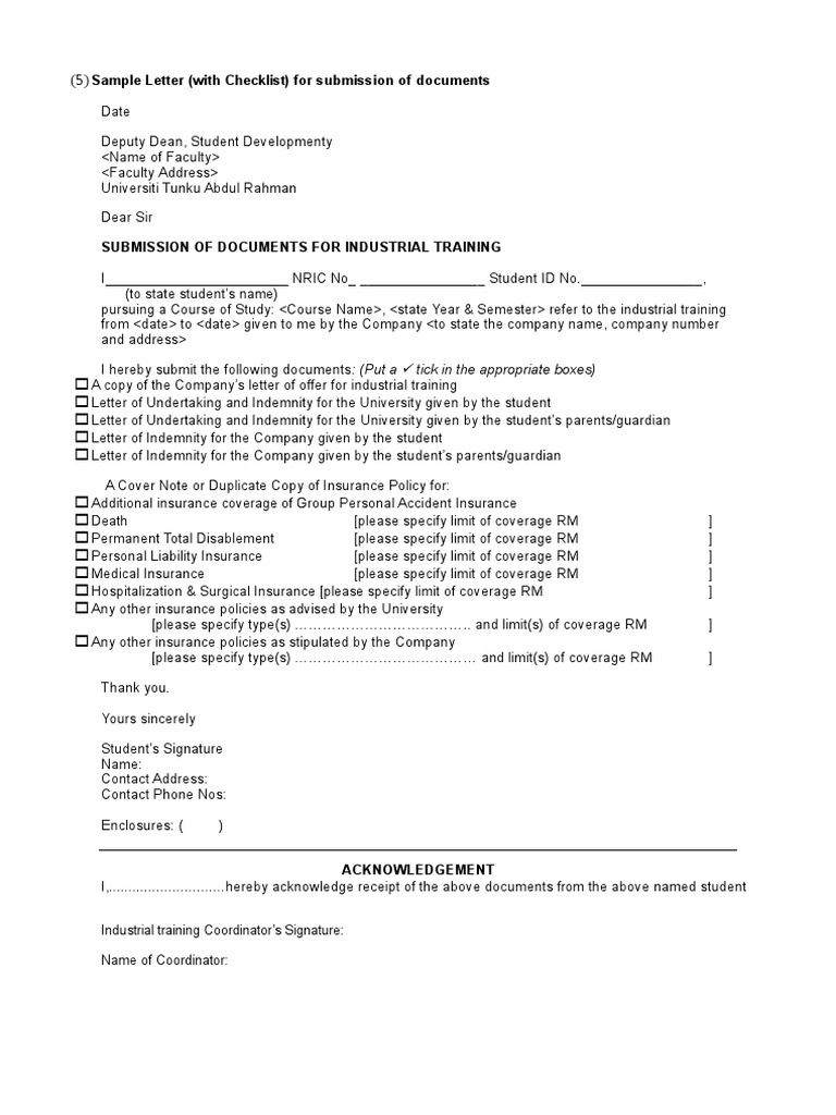 Sample Letter (With Checklist) For Submission of Documents: Tick in The ...