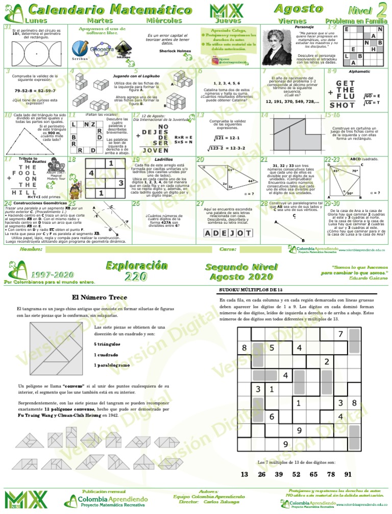 Calendario Matemático Agosto 2020 | PDF
