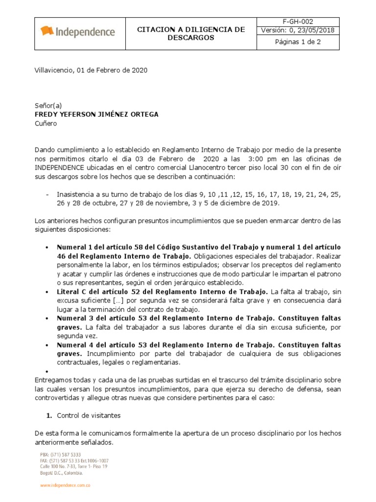 Citación A Diligencia De Descargos Por Presuntos Incumplimientos