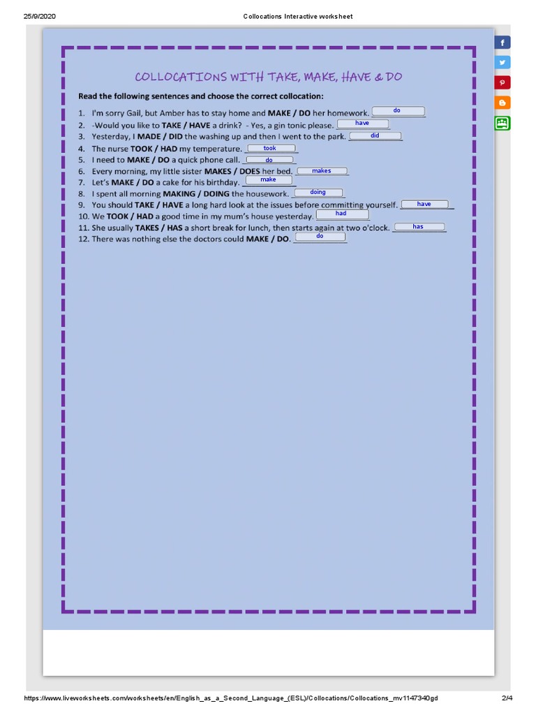 An Interactive Worksheet Exploring Common Verb Collocations Through Fill-in-the-Blank Exercises ...