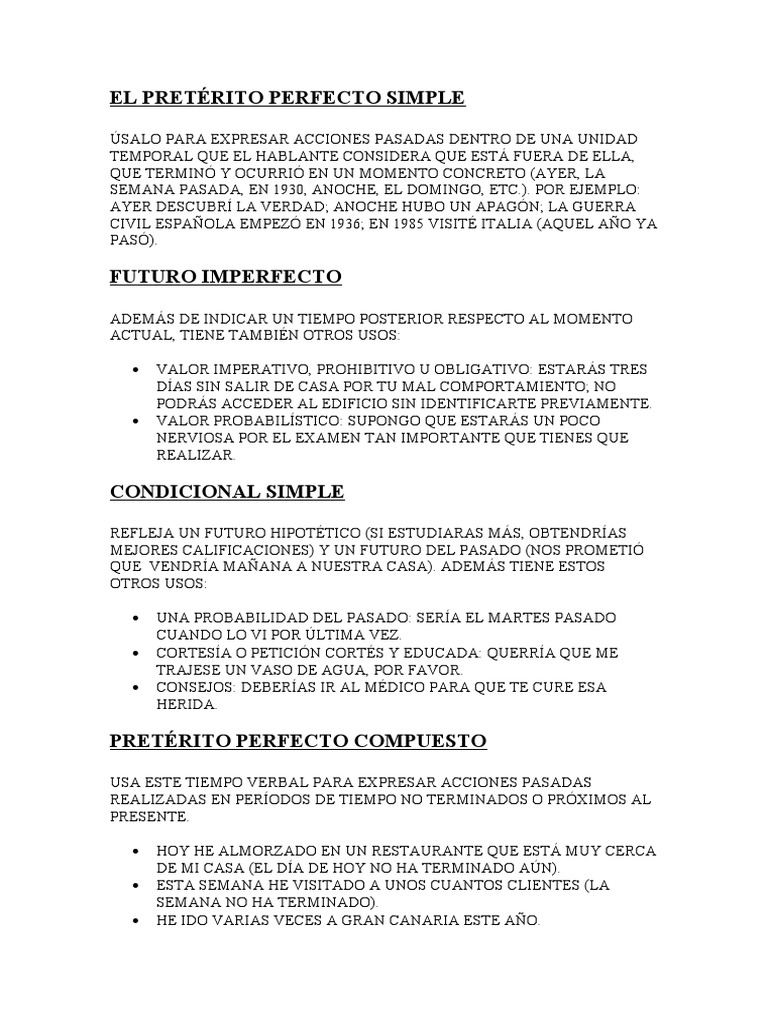 PARTE TEÓRICA (4) (Futuro Imperfecto, Condicional Simple y Pretérito ...