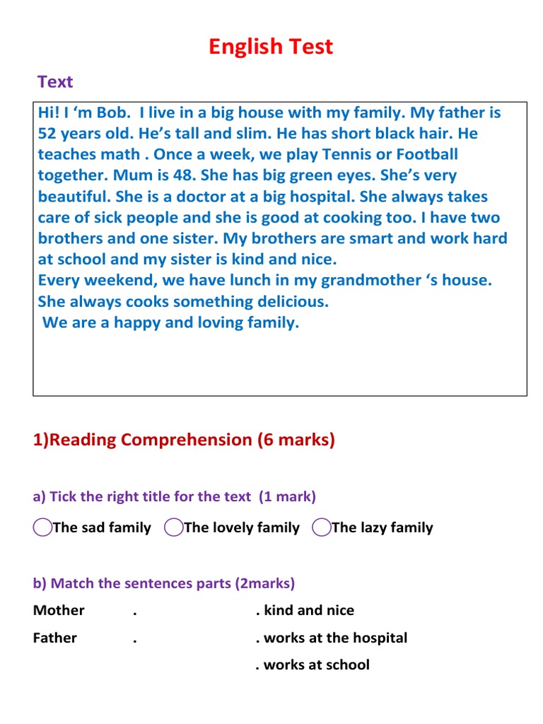 English Test: 1) Reading Comprehension (6 Marks) | PDF