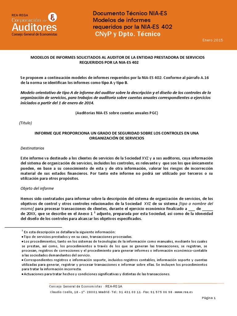Documento Tecnico NIA-ES 402. Modelos de Informes TIPO 1 Y 2 | PDF | Contralor | Auditoría