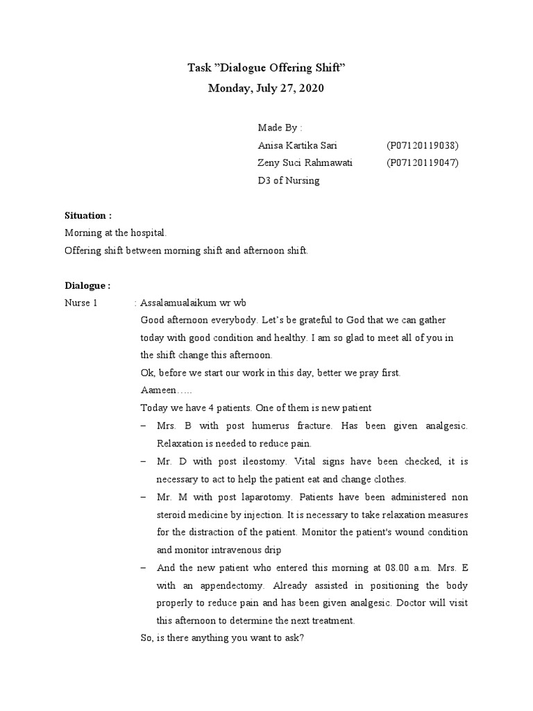 Task "Dialogue Offering Shift" Monday, July 27, 2020: Situation | PDF ...
