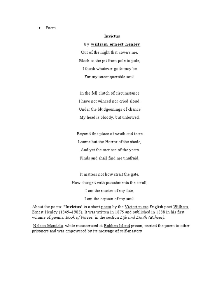 Summary of "Invictus" Poem | PDF