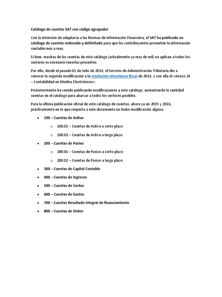 Catálogo de Cuentas SAT Con Código Agrupador | PDF