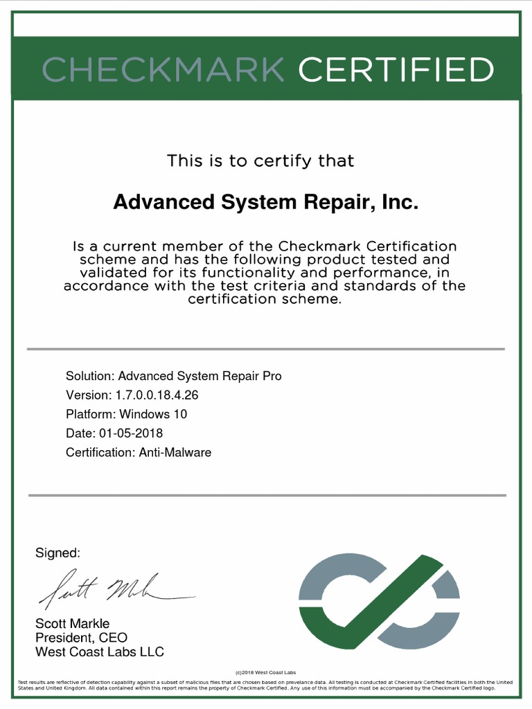 ASR Antimalware Checkmark Certification | PDF