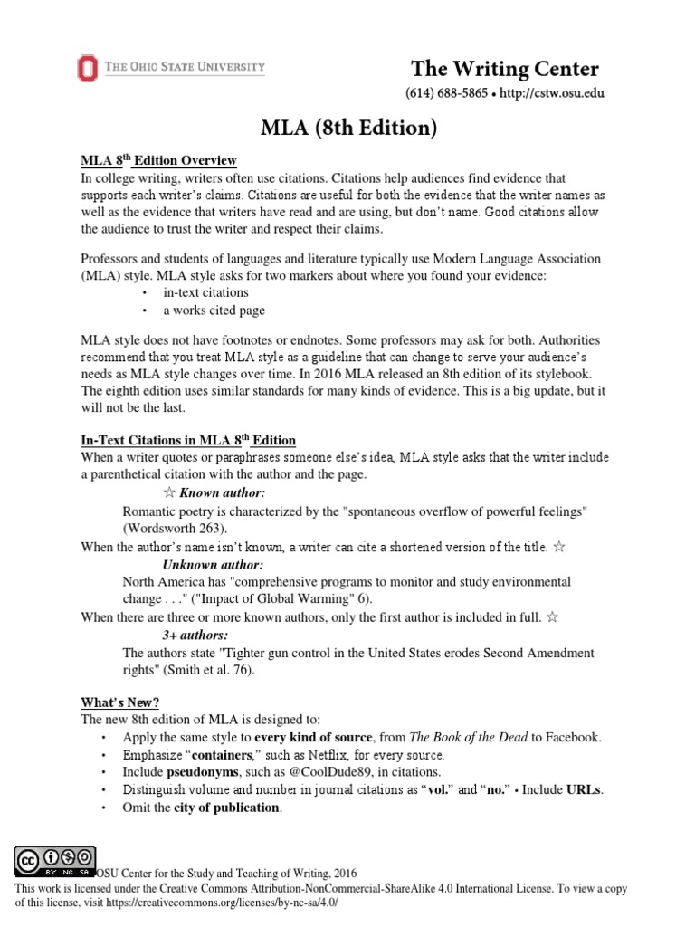 The Writing Center MLA (8th Edition) | PDF | Citation | Writing