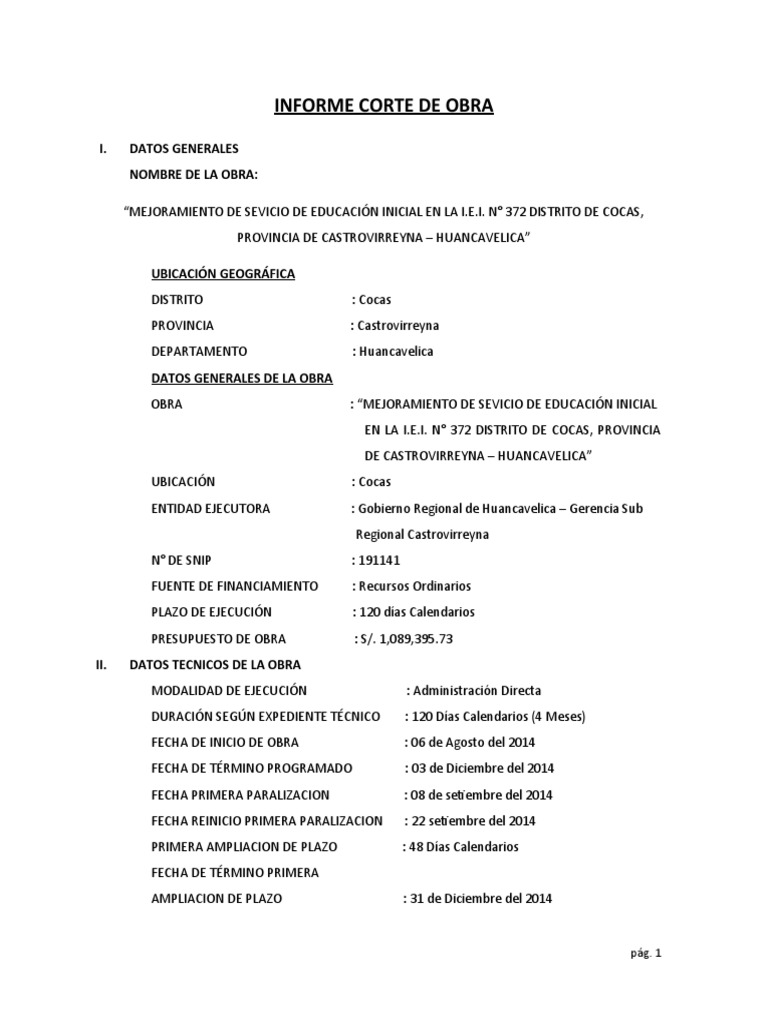 Informe Corte de Obra | PDF | Presupuesto | Microeconomía