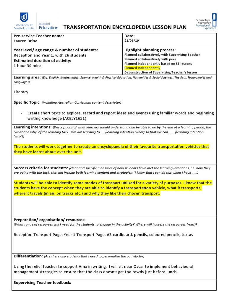Transportation Encyclopedia Lesson Plan | PDF | Teachers | Transport