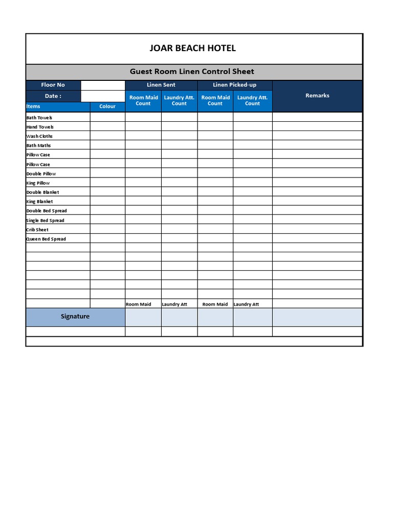 Joar Beach Hotel Linen Control Sheet | PDF