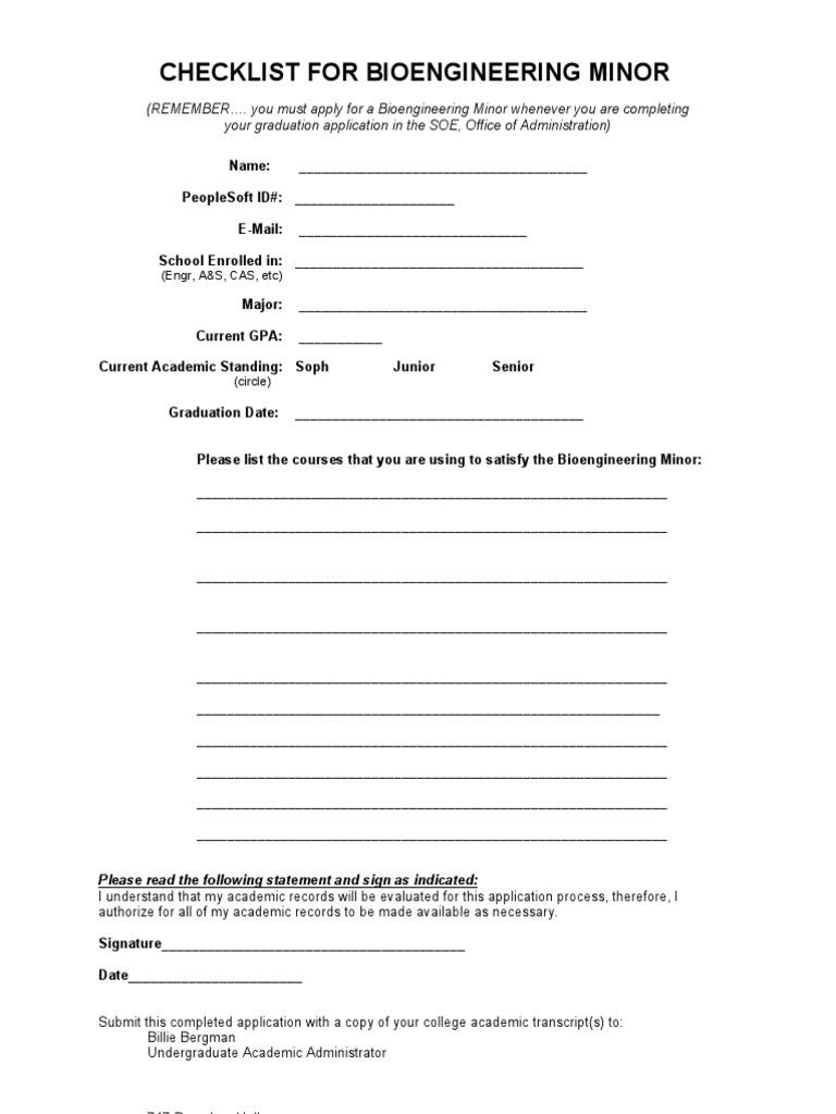 Bioengineering Minor Application Checklist | PDF