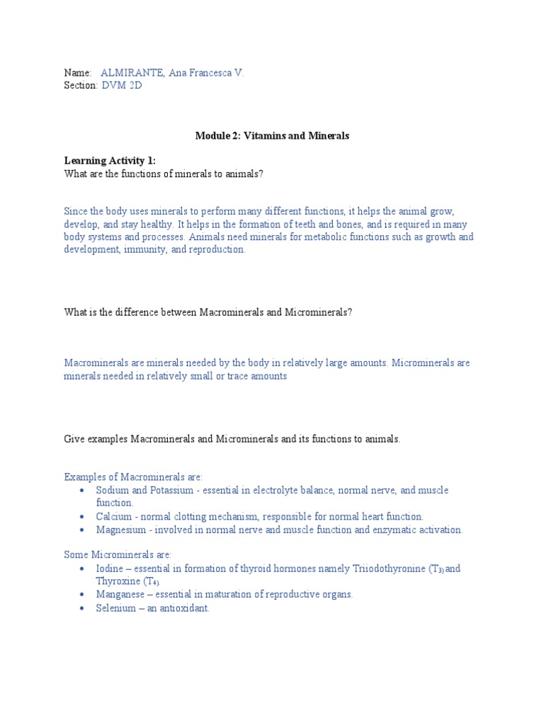 Module 2: Vitamins and Minerals Learning Activity 1:: Name: Section ...