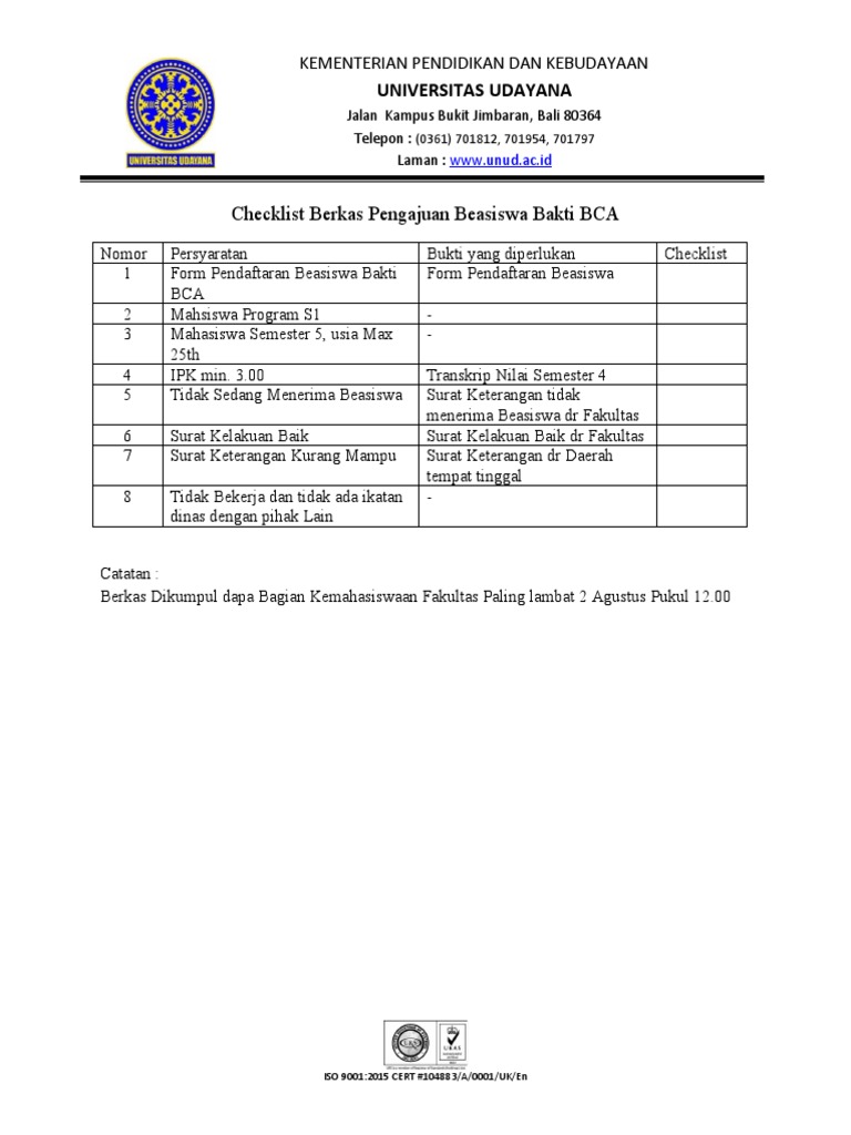 Checklist Berkas Pengajuan Beasiswa Bakti BCA | PDF