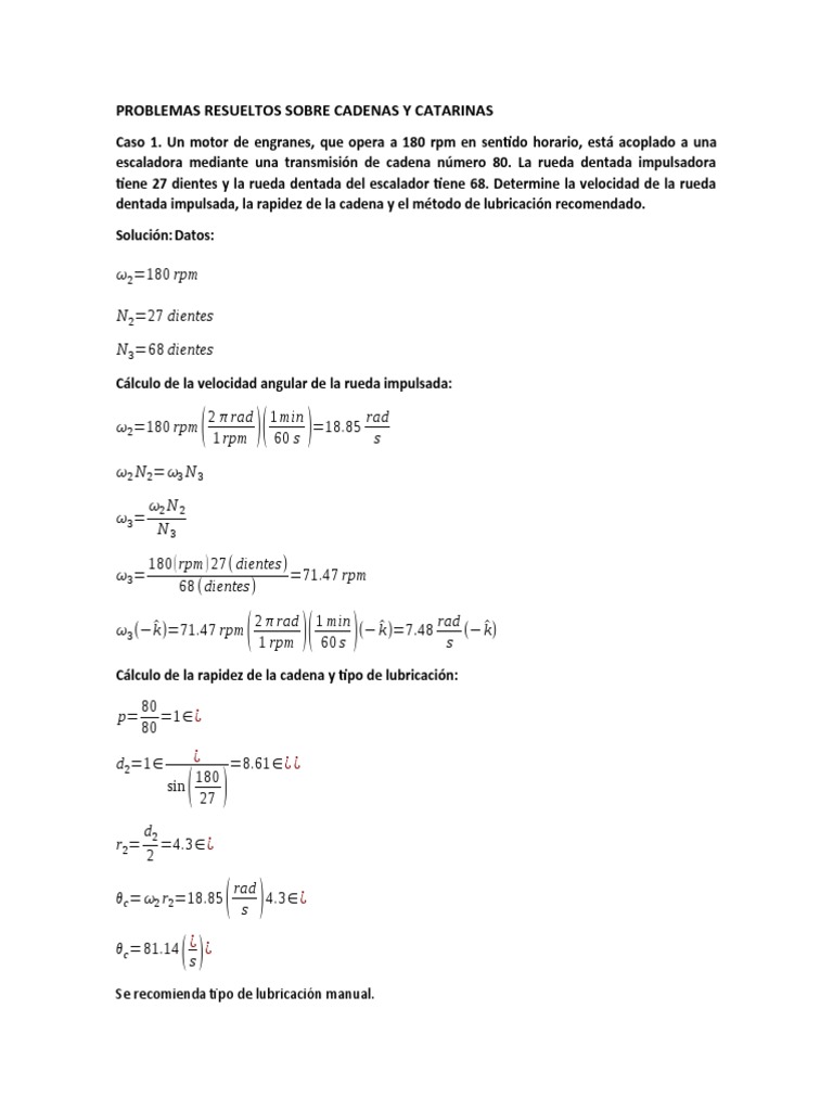 Problemas Resueltos Sobre Cadenas y Catarinas | PDF | Engranaje | Herramientas