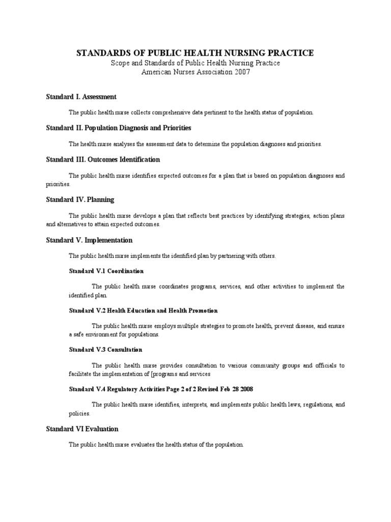 Public Health Nursing Standards Overview | PDF | Self-Improvement