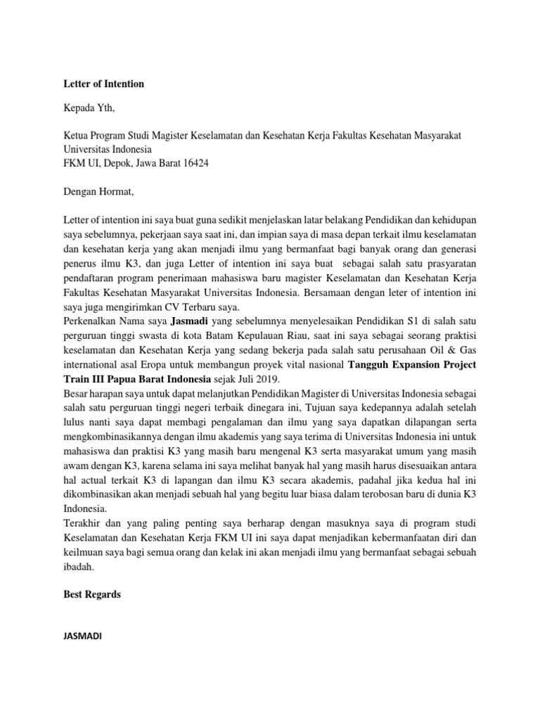 Letter of Intention S2 K3 UI Jasmadi | PDF