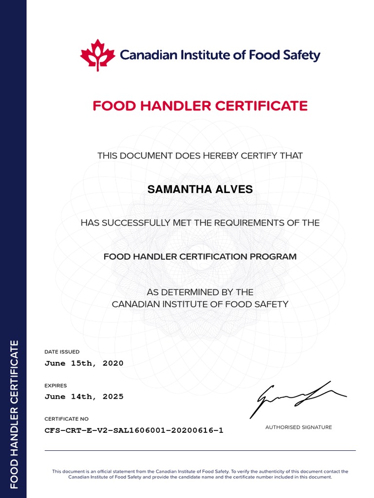 Food Handlers Certificate 2020 | PDF