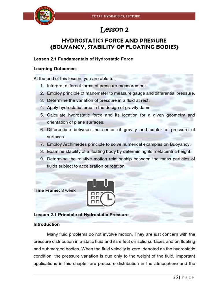 HYDRAULICS - Module 1 Lesson 2 | PDF | Pressure | Dam
