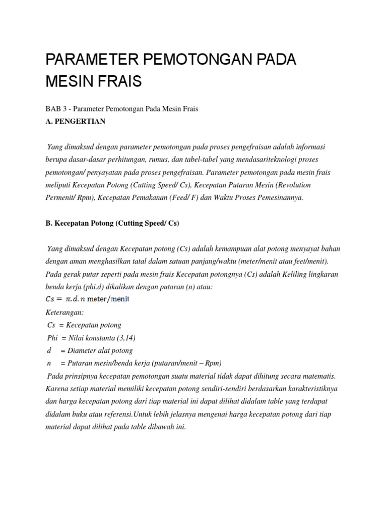 Parameter Pemotongan Pada Mesin Frais | PDF