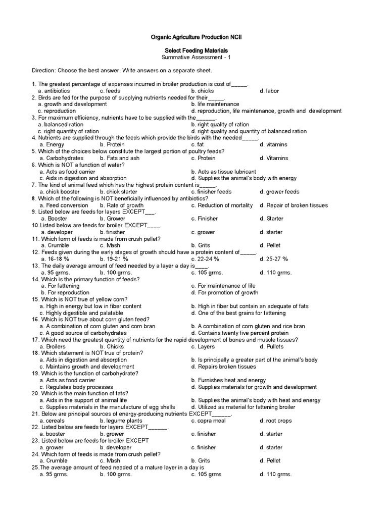 OAP NCII Summative Test SELECT FEEDING MATERIALS | PDF | Nutrients ...