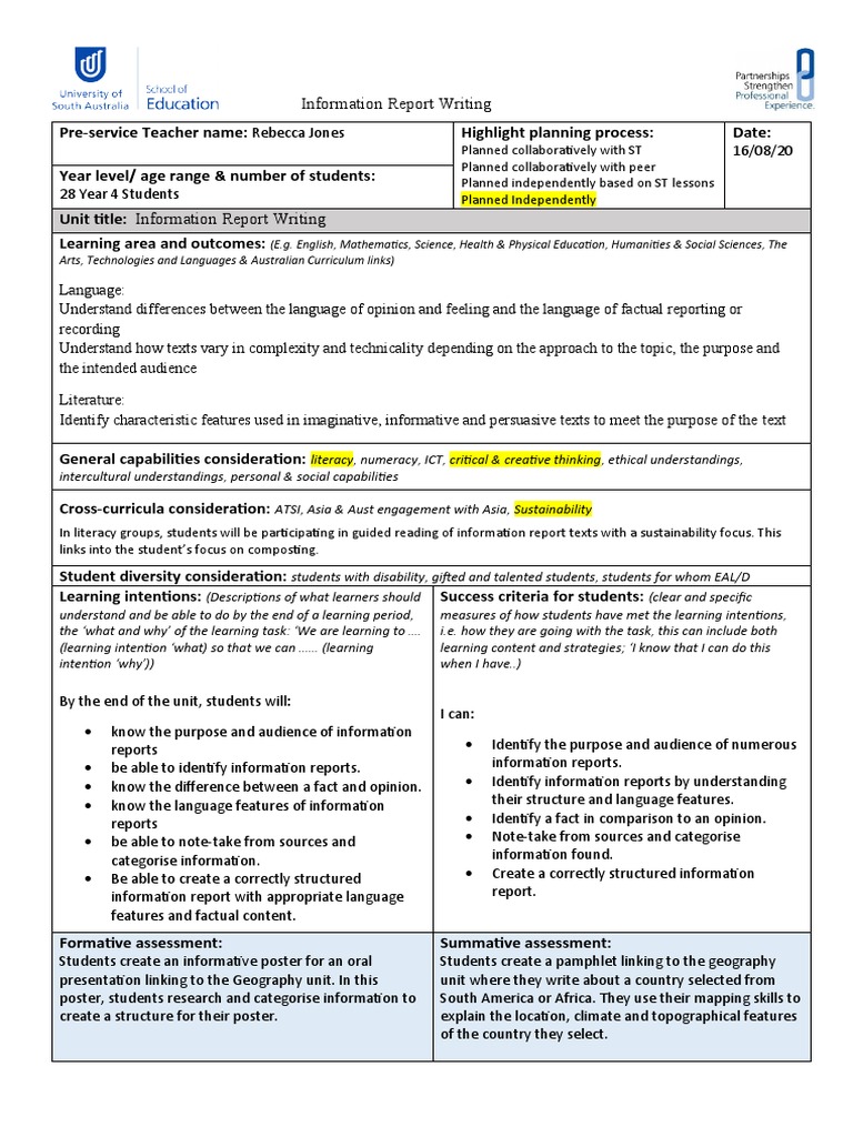 Information Report Unit Plan | PDF | Classroom | Educational Assessment