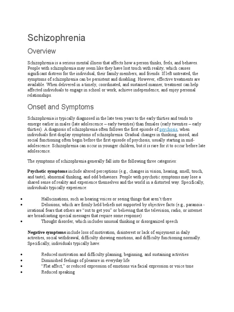 Schizophrenia: Psychotic Symptoms Include Altered Perceptions (E.g ...