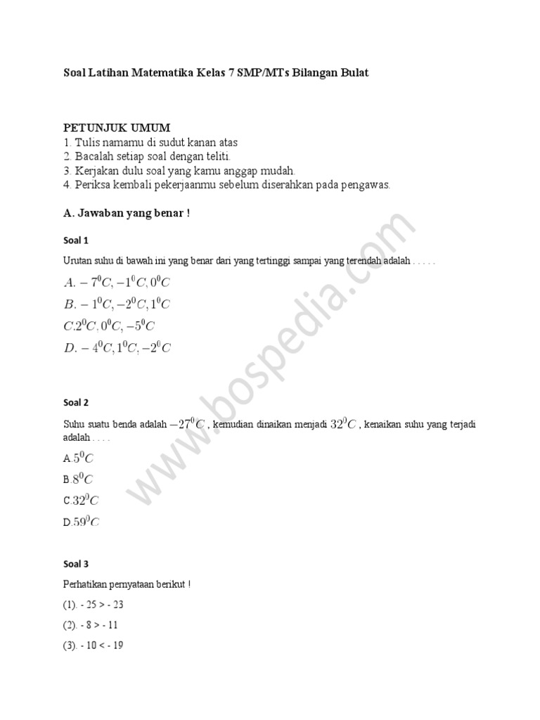 40+ Contoh Soal Latihan Matematika Kelas 7 SMP MTs Bilangan Bulat | PDF