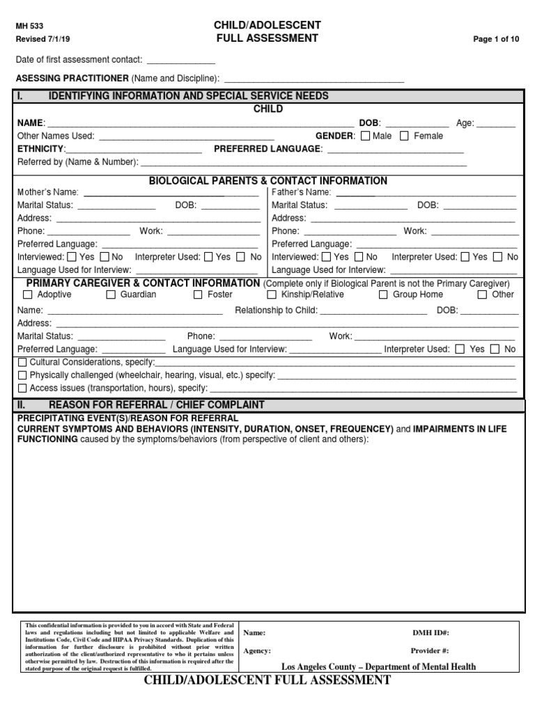 Child/Adolescent Full Assessment: I. Identifying Information and ...