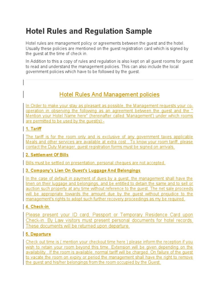 Hotel Guest Rules and Regulations | PDF | Common Law | Social Institutions