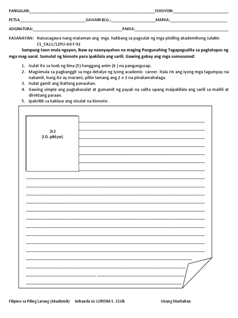 Bionote Pagsulat NG Lagom Assessment | PDF