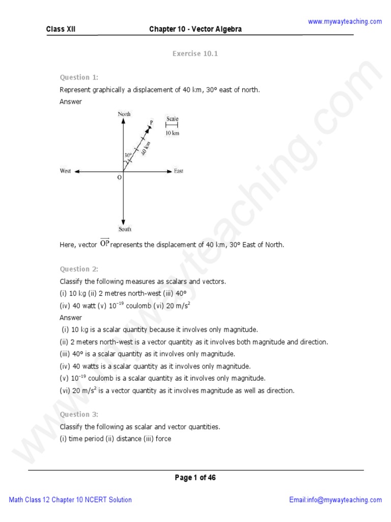 Class XII Chapter 10 - Vector Algebra: Exercise 10.1 | PDF | Euclidean Vector | Vector Space