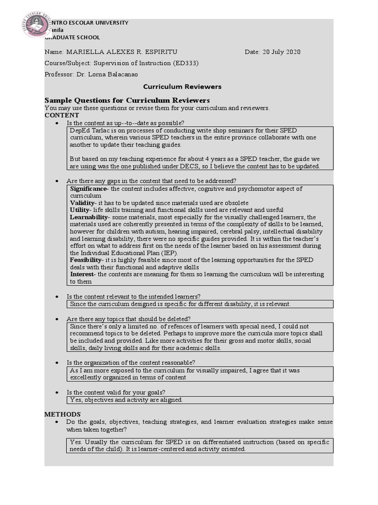 Curriculum Reviewers Sample Questions For Curriculum Reviewers | PDF ...