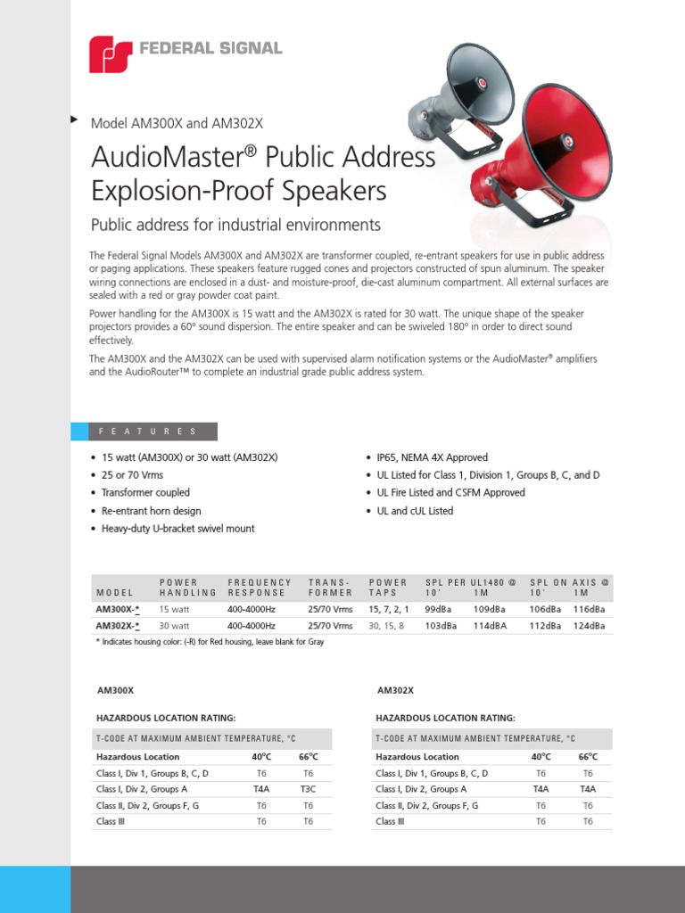 Audiomaster Public Address Explosion-Proof Speakers: Model Am300X and ...
